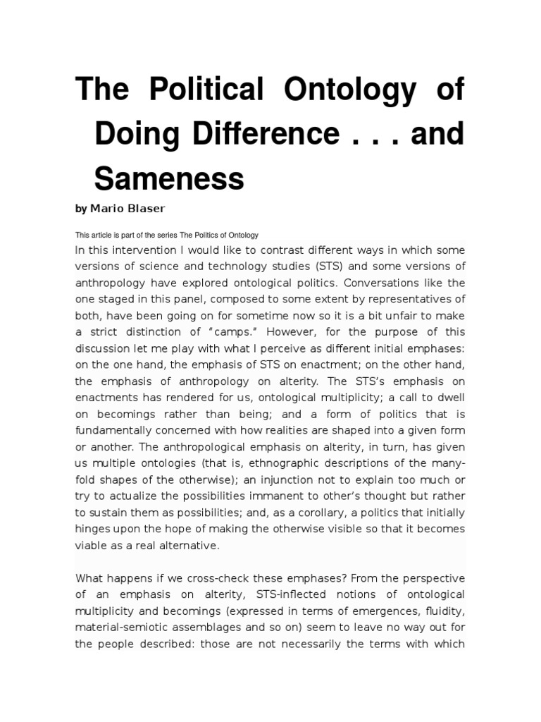 The Political Ontology of Doing Difference Mario Blaser | PDF | Science ...