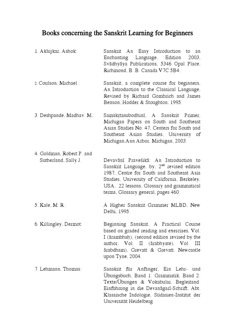 Booklist Sanskrit For Beginners | PDF | Sanskrit | Languages Of India