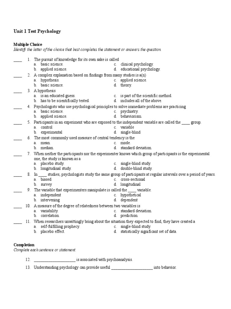 Unit 1 Test Psychology | PDF | Experiment | Psychology