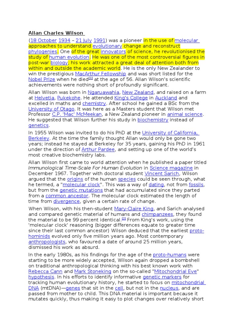 Allan Charles Wilson | PDF | Evolutionary Biology | Science