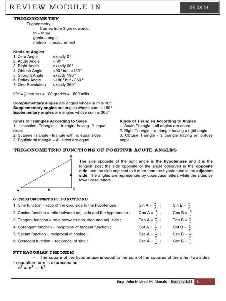 Review in Trigo | PDF | Trigonometric Functions | Sine