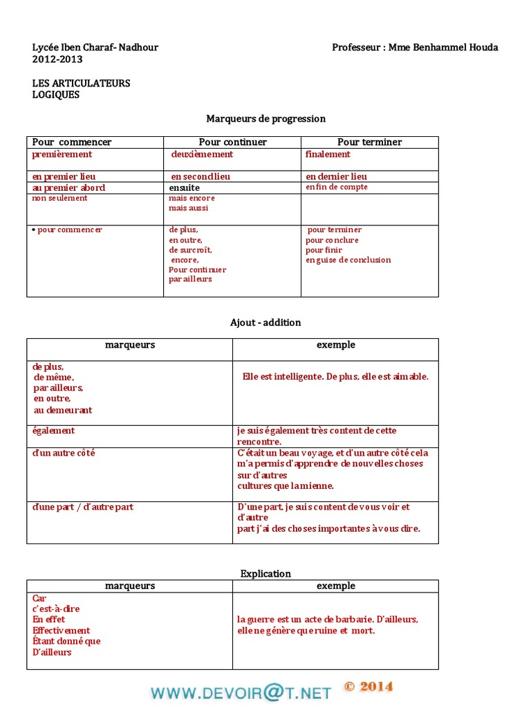 Série D'exercices - Français Les Articulateurs Logiques - Bac Toutes ...
