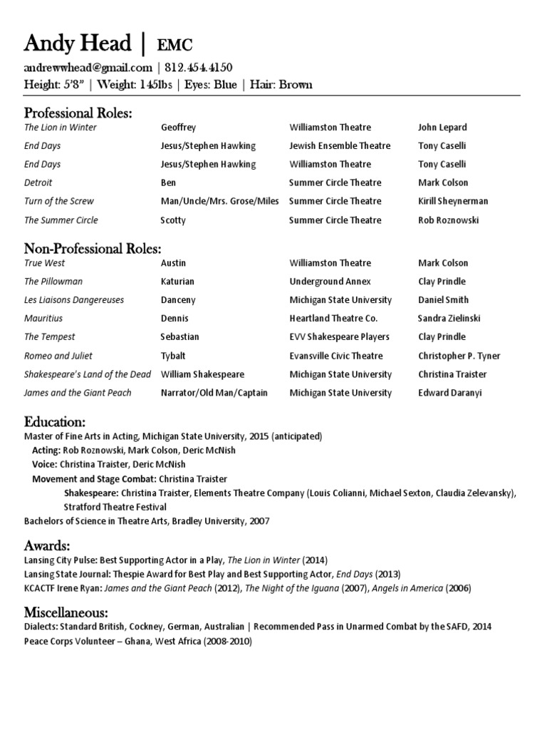 Andy Head: Actor Resume & Experience | PDF | Art | Poetry