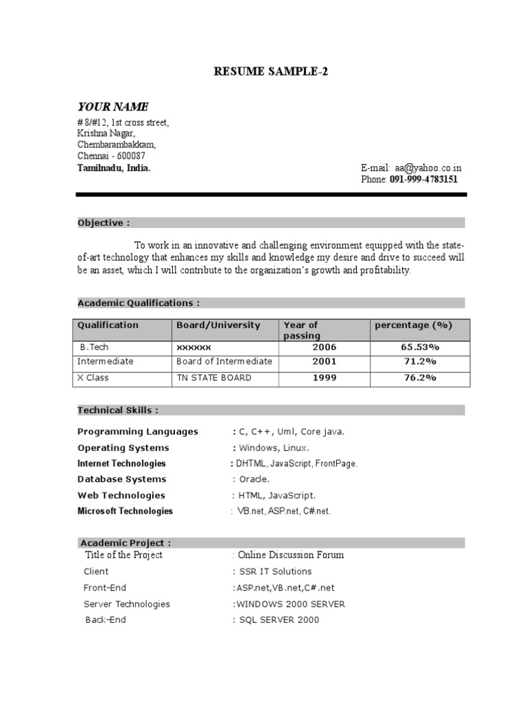 Fresher Resume Sample2 | PDF | Microsoft Software | Computing Platforms