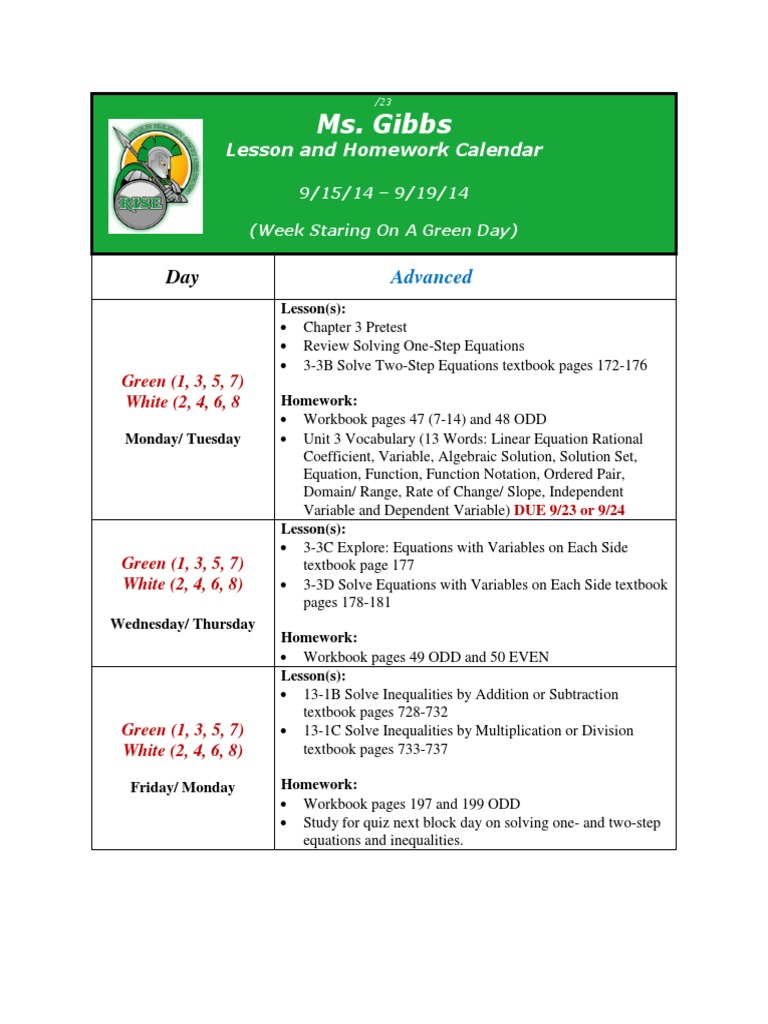 Ms. Gibbs' Weekly Lesson Plan 9/15-9/19 | PDF