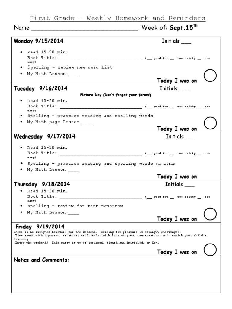 First Grade Weekly Homework Guide | PDF