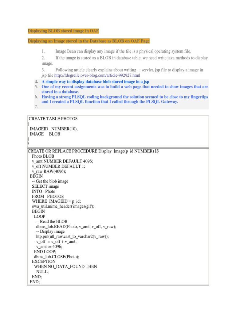 Displaying BLOB Stored Image in OAF | PDF | Java Server Pages | Java (Programming Language)