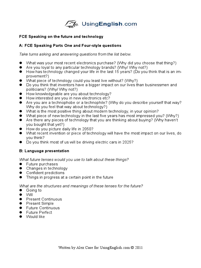 First Certificate in English Fce Speaking About The Future and ...