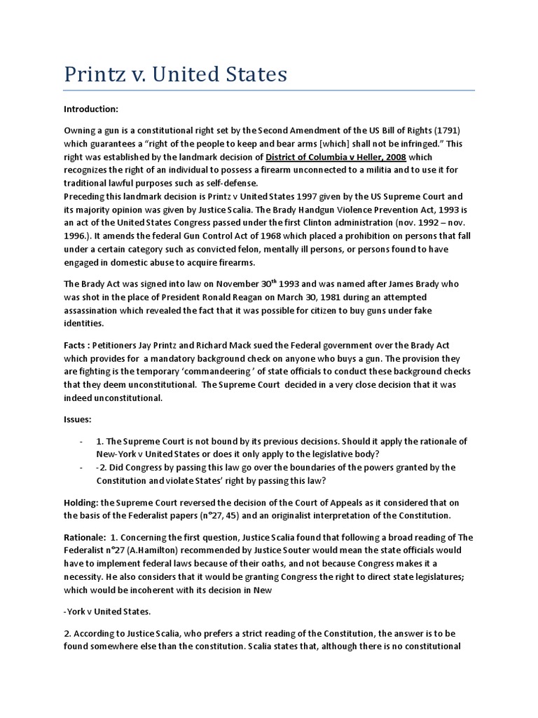 Printz V United States Case Brief | PDF | Virtue | Government Of The ...