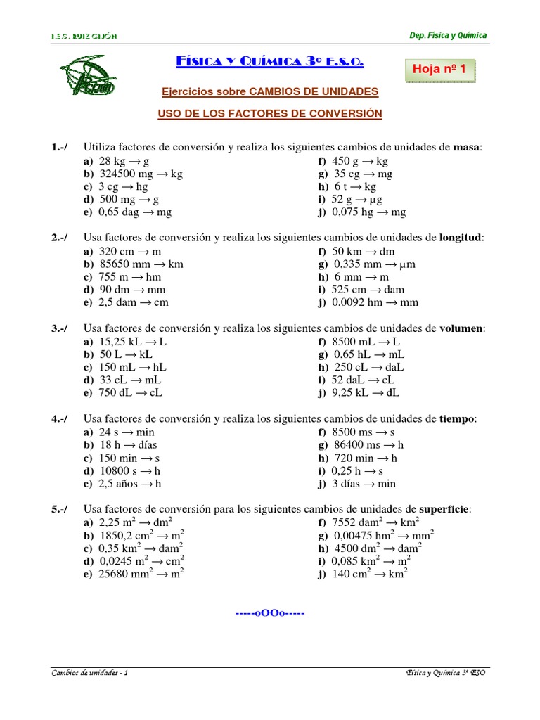 Ejercicios Factores Conversion-Hoja 1 PDF | PDF | Unidades de medida ...
