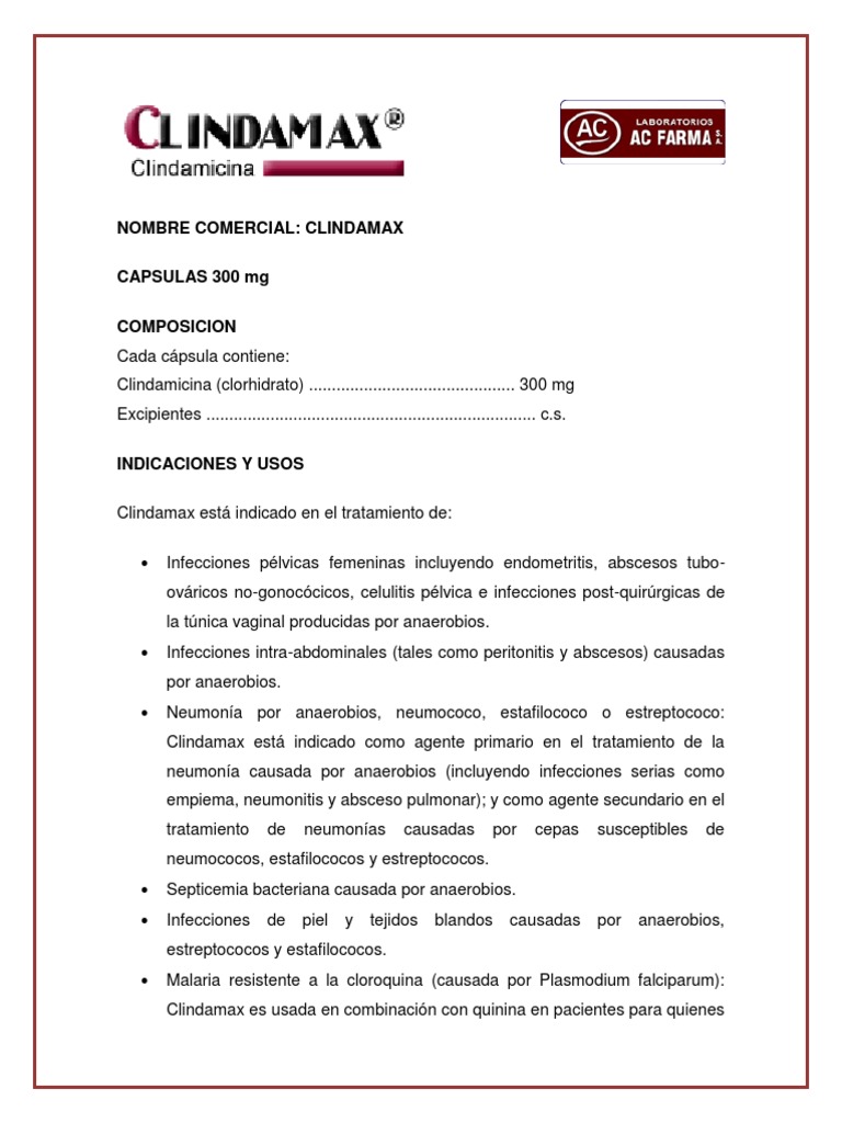 Usos y Composición de Clindamax 300 mg | PDF | Farmacocinética ...