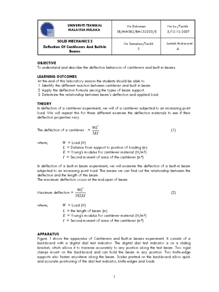 Exp 5 - Deflection of Beam and Cantilever | PDF | Beam (Structure ...