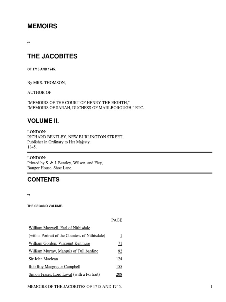 Memoirs of The Jacobites of 1715 and 1745volume II. by Thomson, Mrs ...