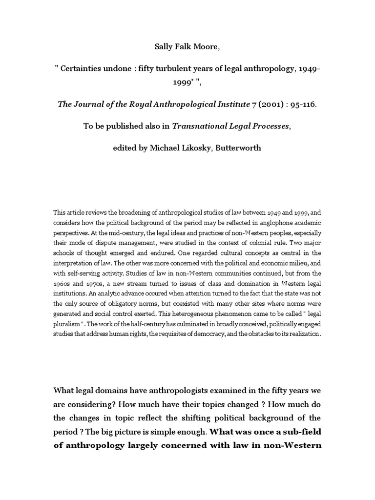 Sally Falk Moore | PDF | Anthropology | Alternative Dispute Resolution