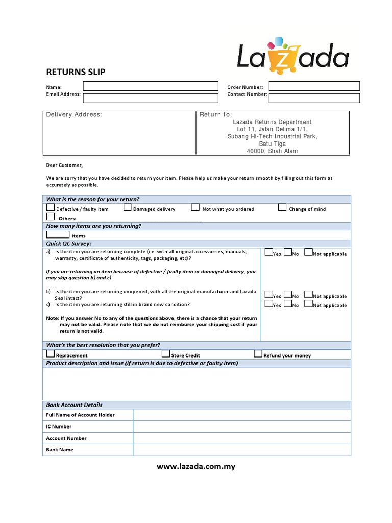 Return Slip Lazada | PDF | Service Industries | Computing