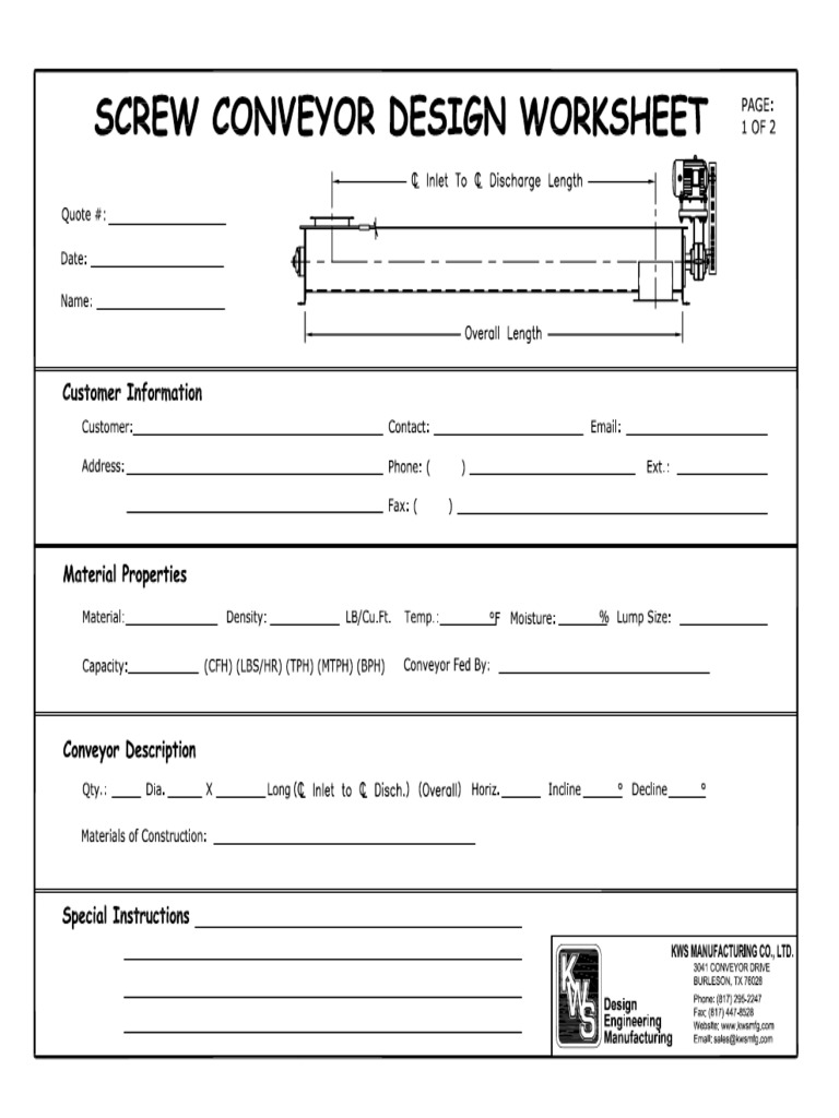 Screw Conveyor Design Worksheet | PDF