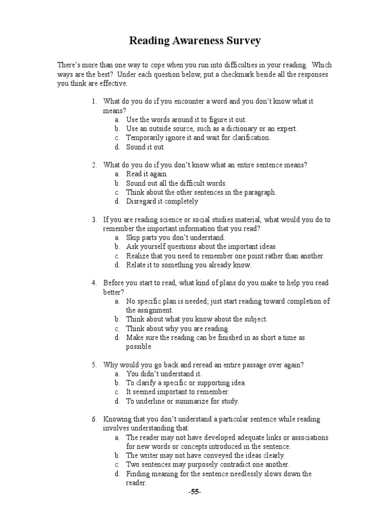 Reading Awareness and Comprehension Survey | PDF | Reading ...