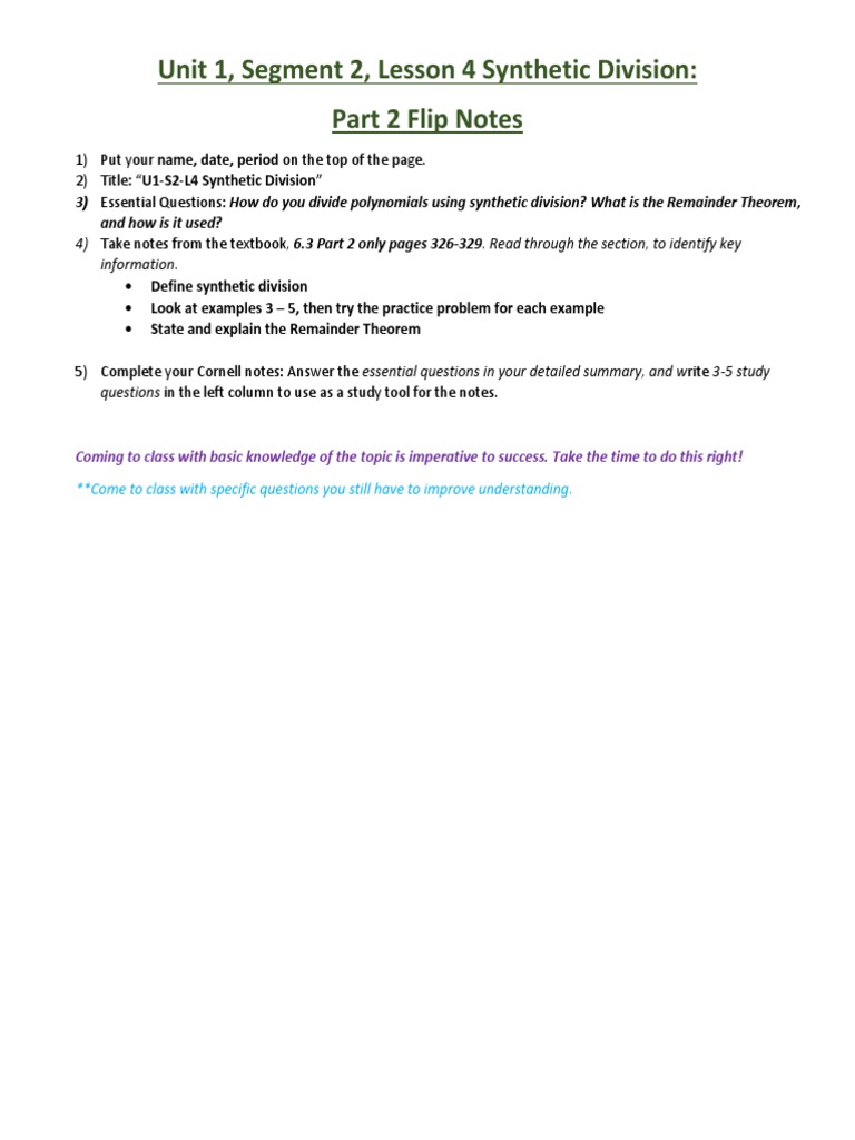 Synthetic Division Guided Notes | PDF