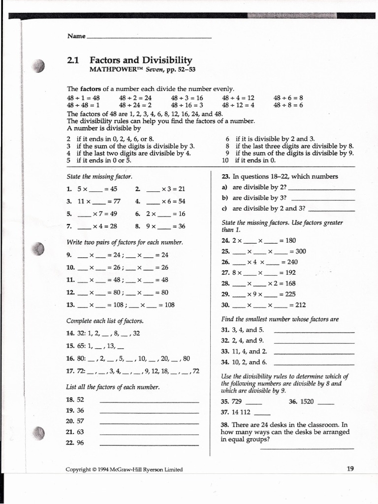 Mathpower 2 1 Factors and Divisibility | PDF