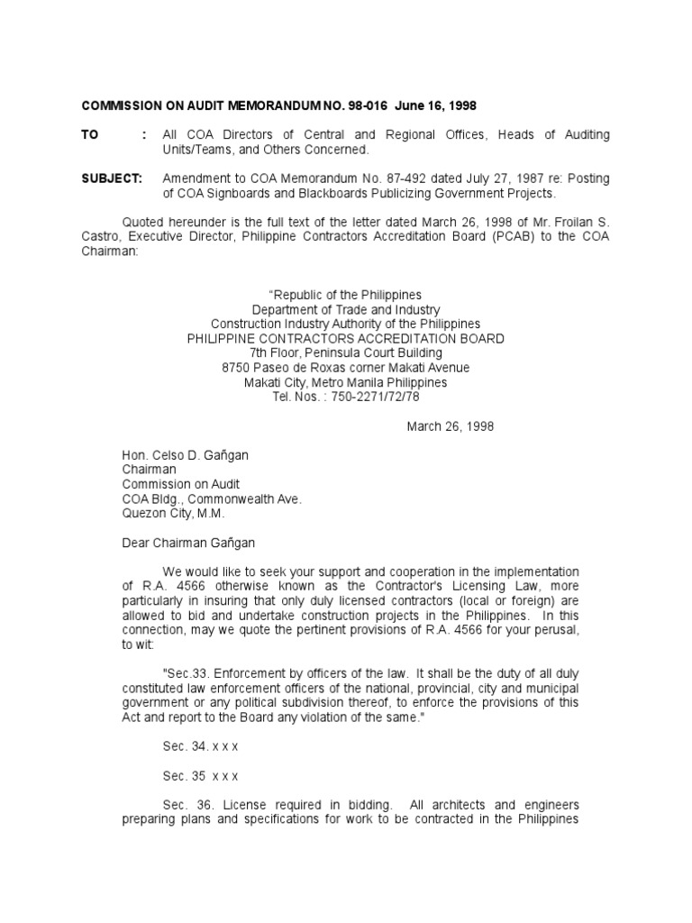 Memo98-016.Doc Coa Signboard Amendment | PDF | General Contractor ...