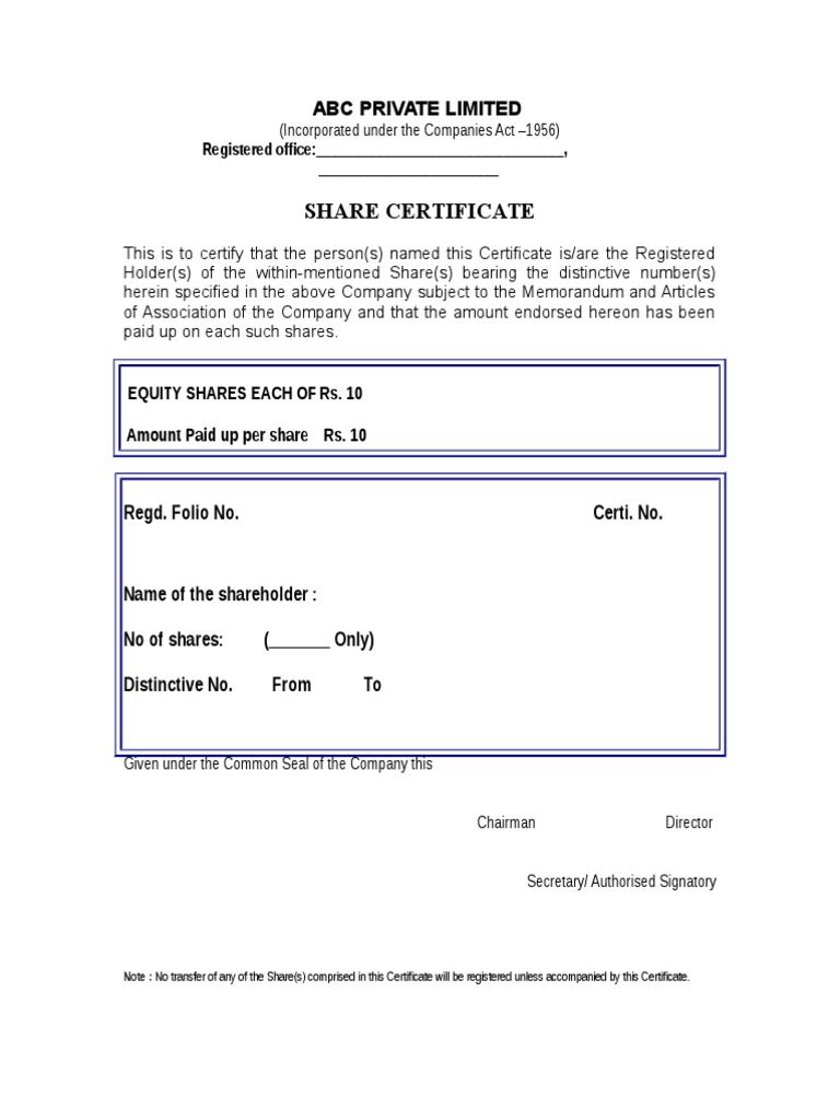 Sample Share Certificate | PDF
