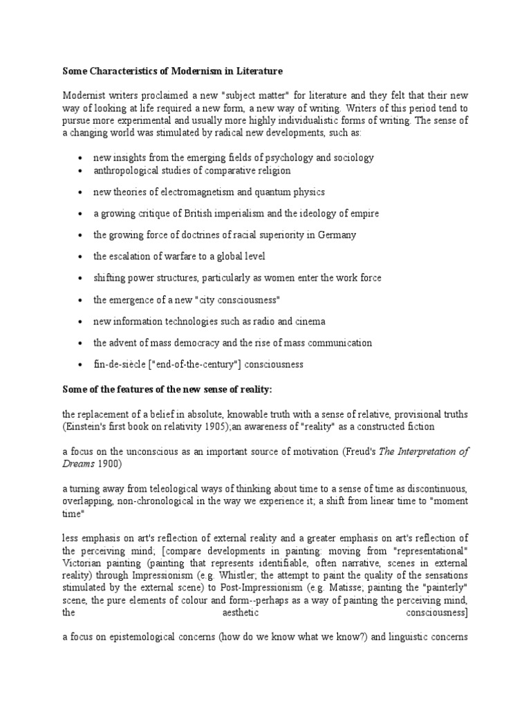 Some Characteristics of Modernism in Literature | PDF | Literary ...