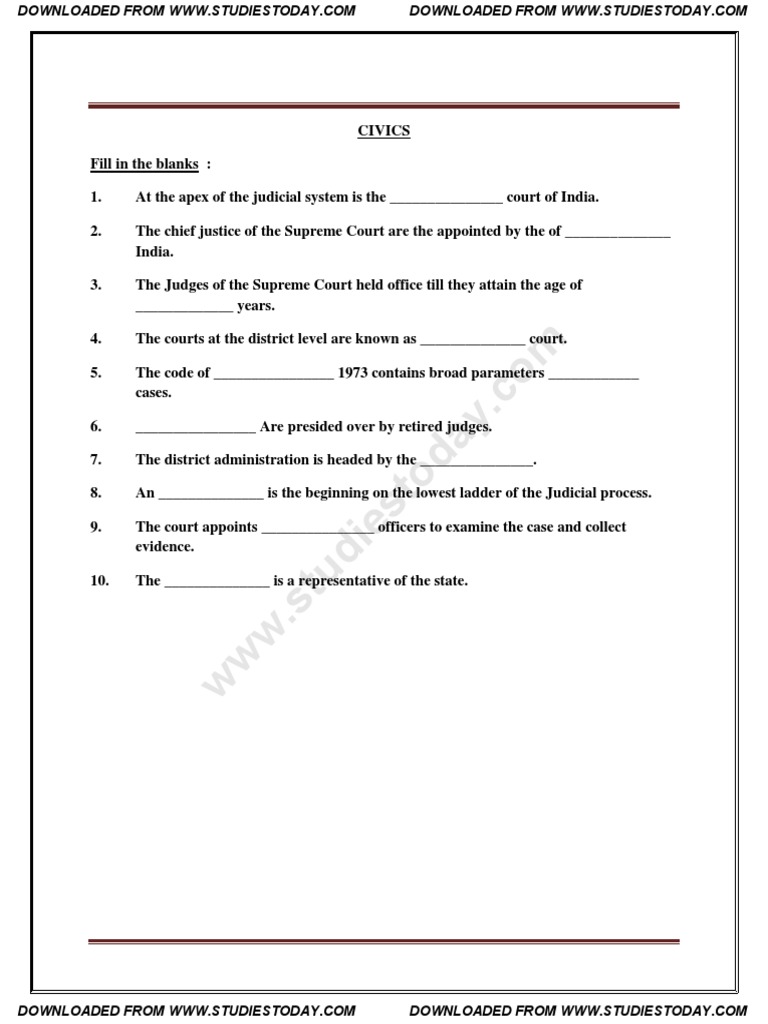 CBSE Class 8 SST Worksheet - Civics | PDF