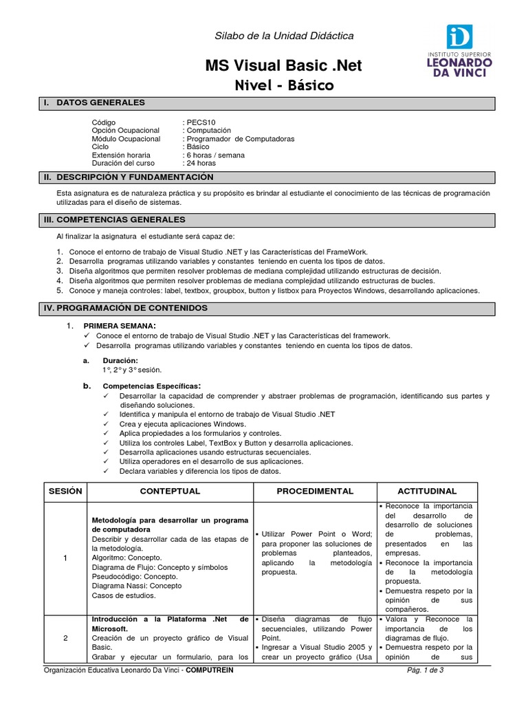 Sílabo MS Visual Basico | PDF | Básico | .NET Framework