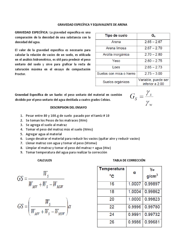 Resumen Gravedad Especifica y Eq. Arena | PDF