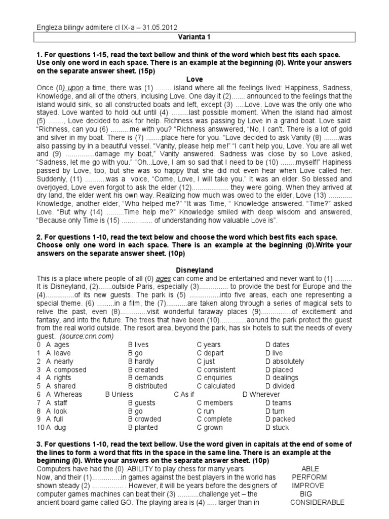 Engleza Bilingv Admitere CL IX | PDF | Language Arts & Discipline | Home & Garden