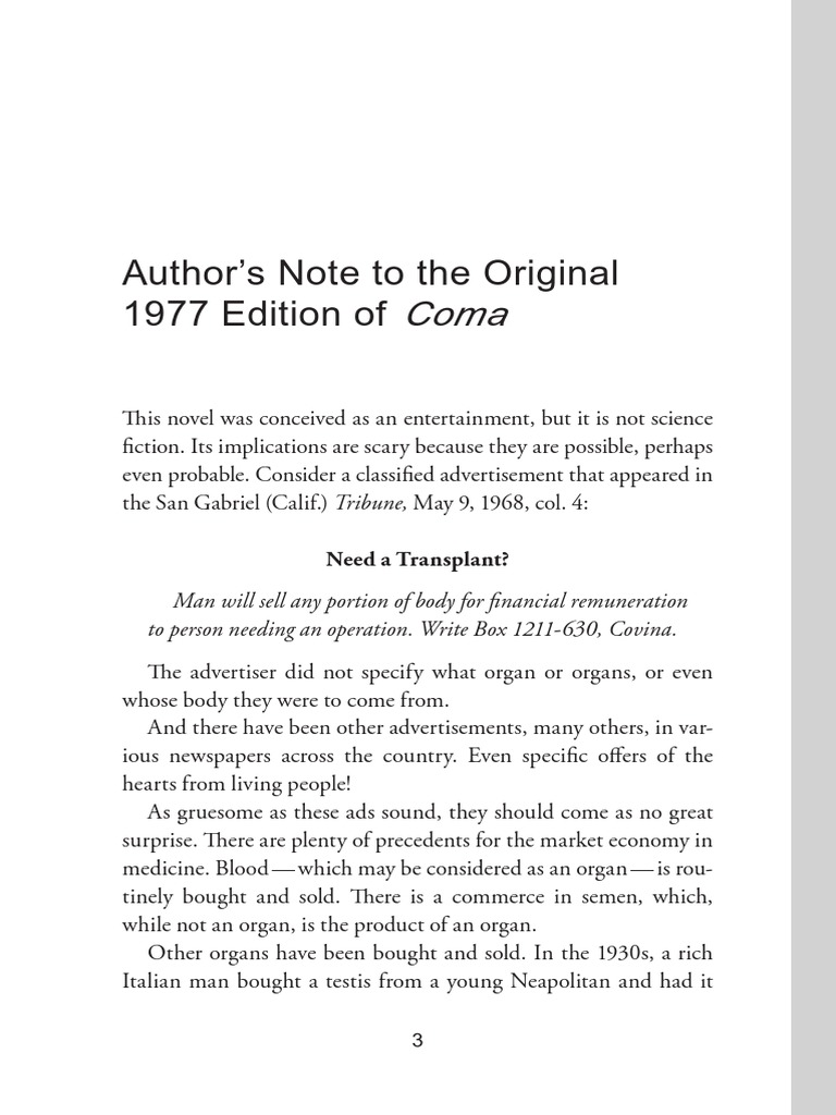Robin Cook's Original Author Note For COMA | PDF | Organ ...