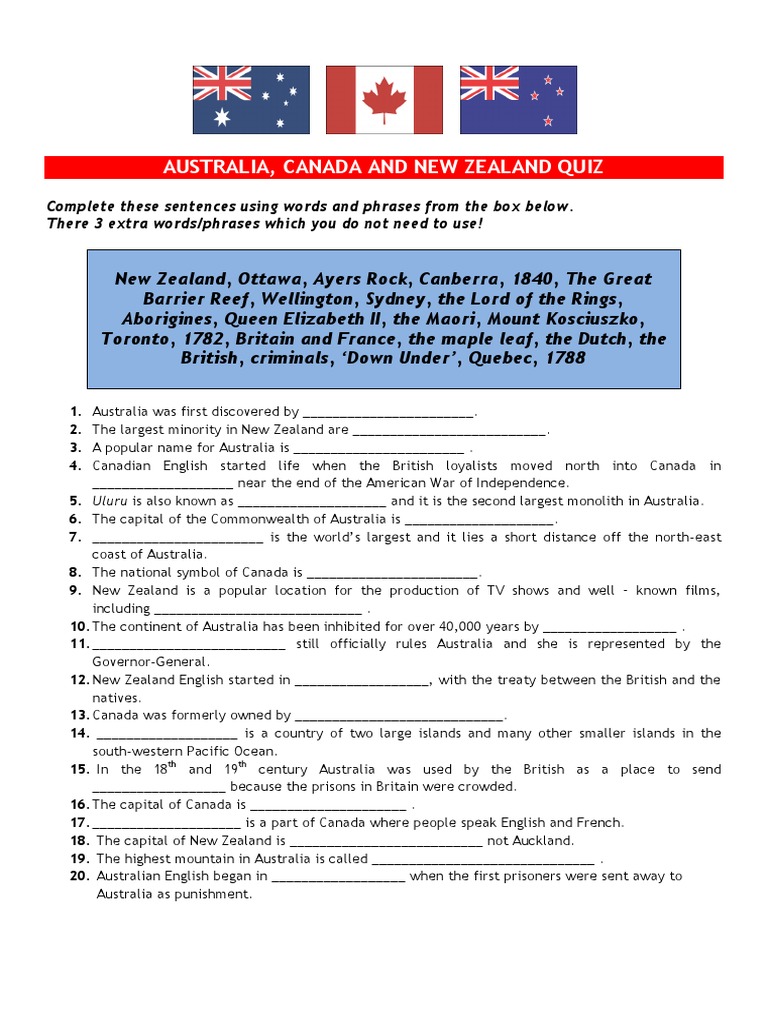 Australia, Canada and New Zealand Quiz | PDF | Australia | Canada