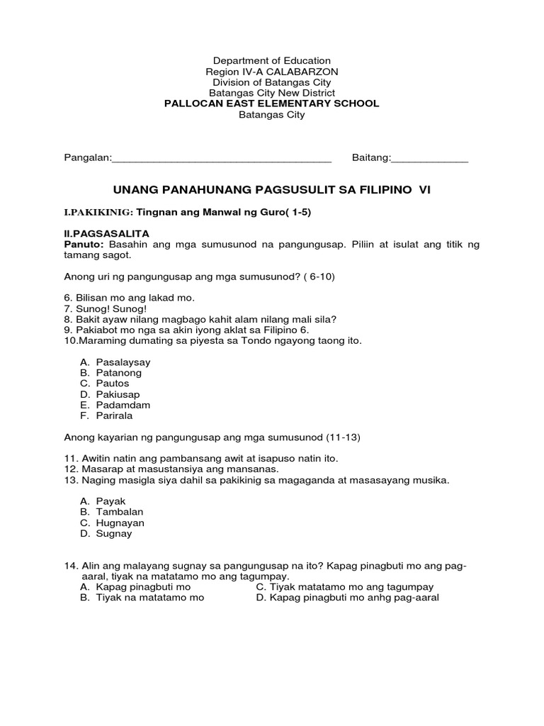 1st Periodical Test-Filipino 6 | PDF