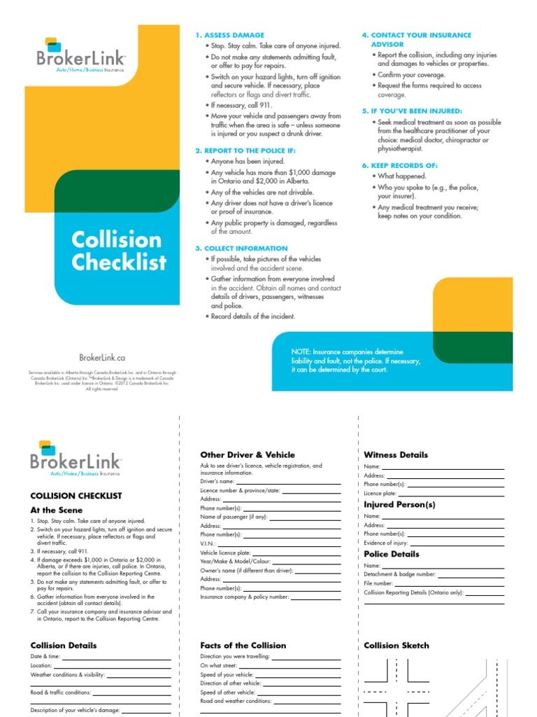 Collision Checklist: 1. Assess Damage 4. Contact Your Insurance Advisor ...