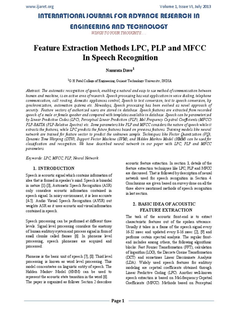 Feature Extraction Methods Lpc Plp And Mfcc Pdf Speech Recognition Spectral Density