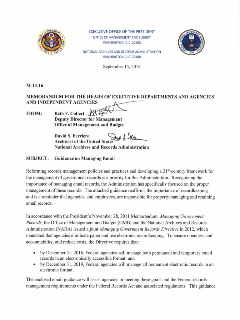 Guidance On Managing Email Memorandum For The Heads of Executive ...