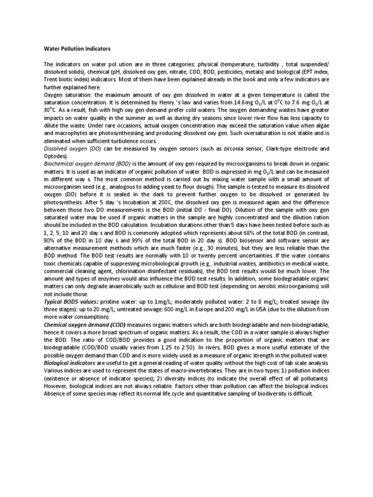Water Pollution Indicators Explained | PDF | Aquatic Ecology | Chemistry