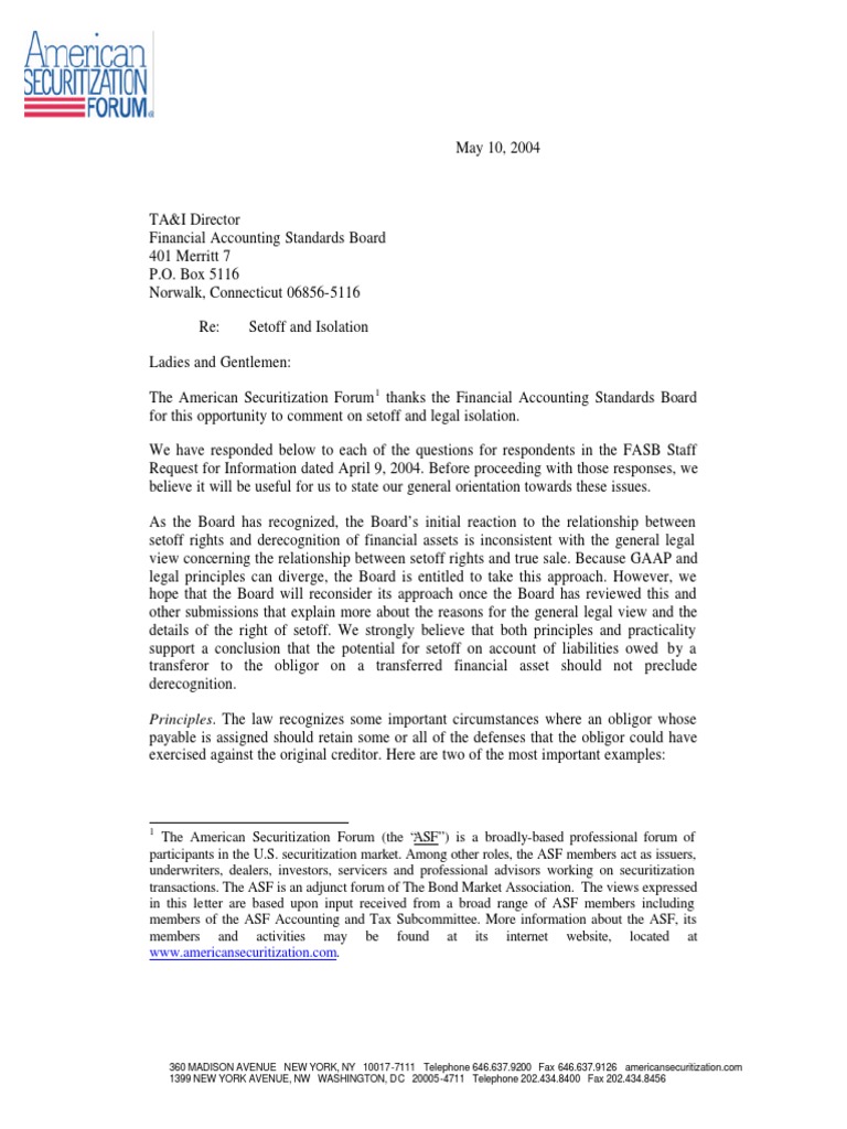FAS 140 Setoff Isolation Letter 51004 | PDF | Bankruptcy | Negotiable ...