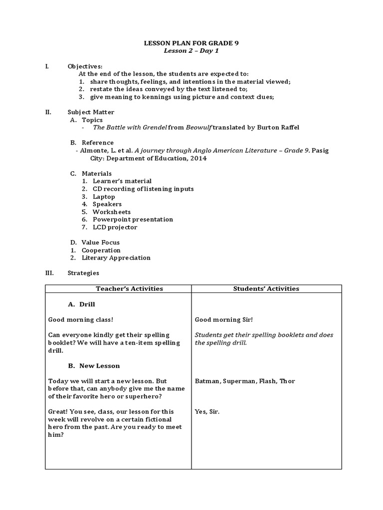 Lesson Plan For Beowulf | PDF | Beowulf | Lesson Plan