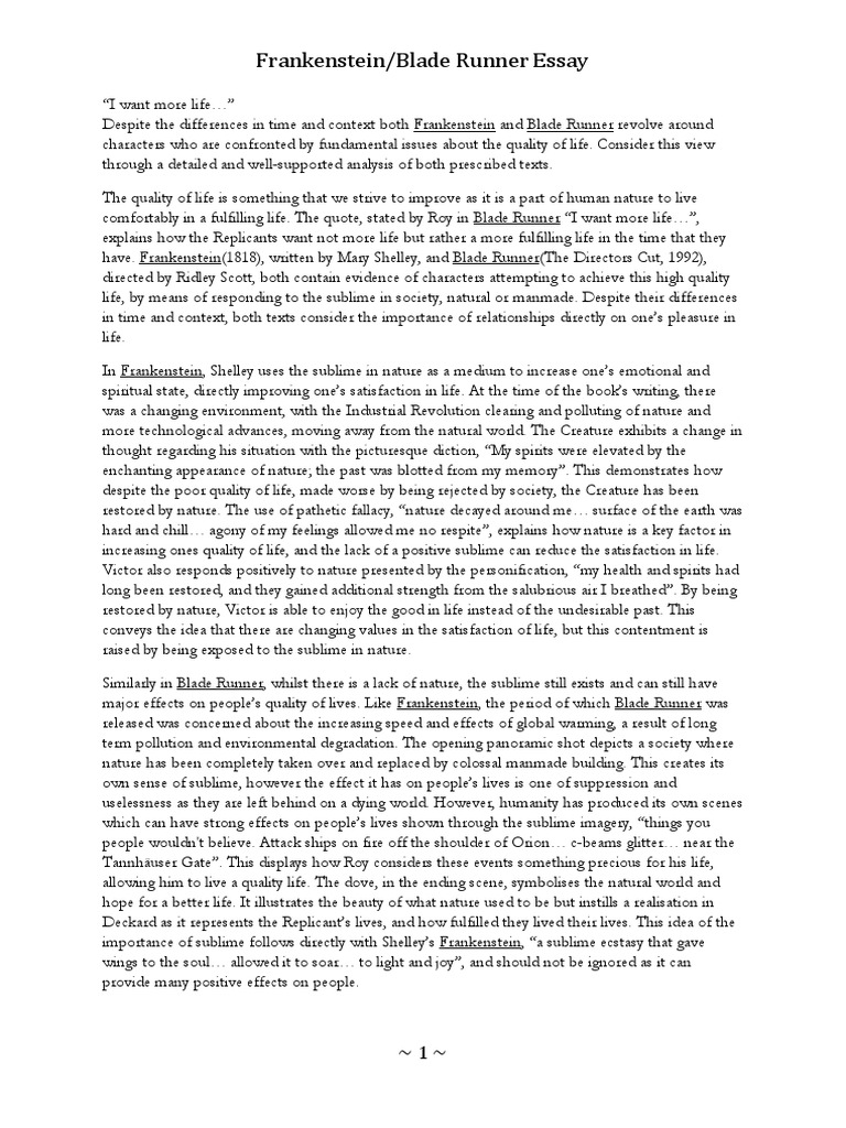 BladeRunner Frankenstein Essay | PDF | Frankenstein
