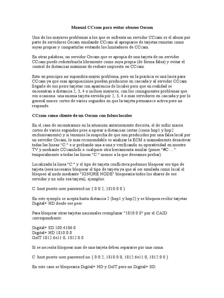 Manual CCcam para Evitar Abusos Oscam PDF | PDF | Servidor (Computación) | Informática