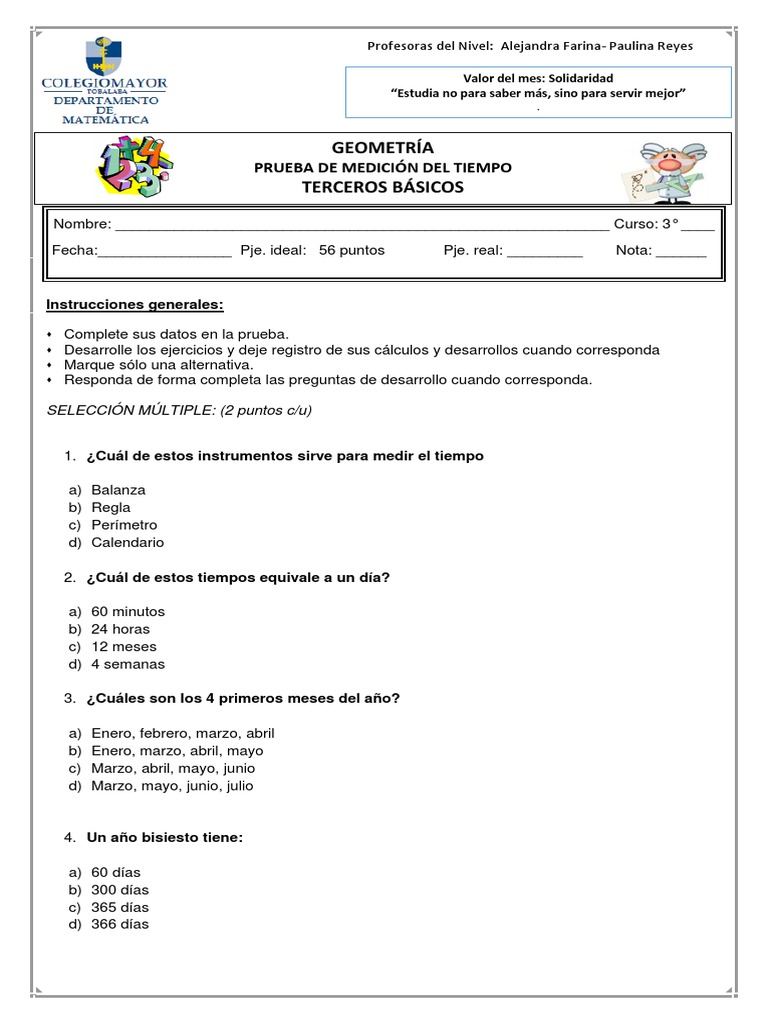 Prueba de Medición del Tiempo 3° Básico | PDF | Calendario | Reloj