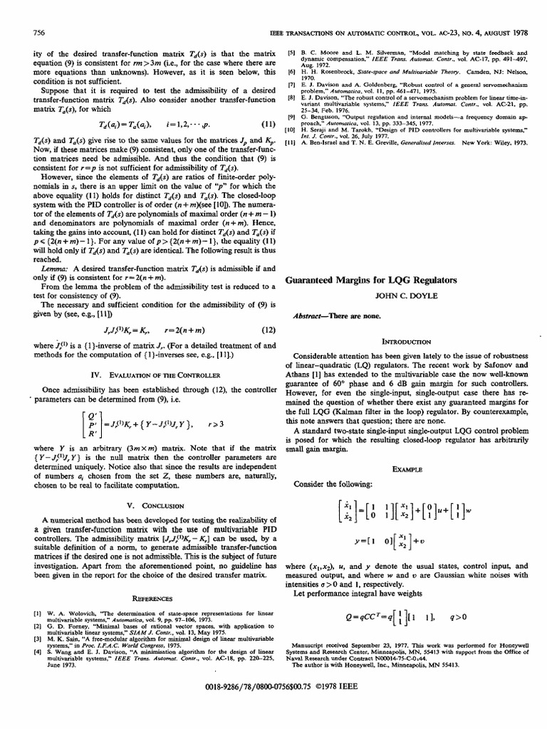 Doyle 1978 | PDF | Control Theory | Polynomial
