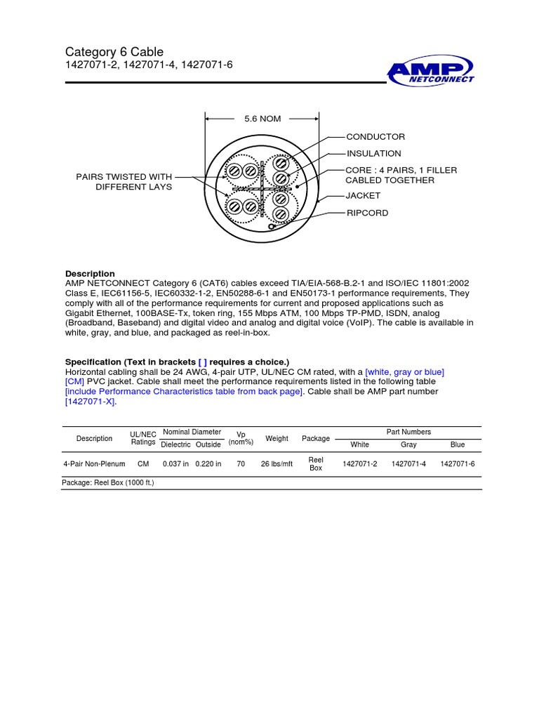 AMP NETCONNECT CAT6 Cable Specs | PDF | Cable | Electrical Engineering