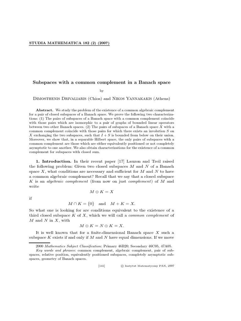 Subspaces With A Common Complement in A Banach Space | PDF | Banach Space | Hilbert Space