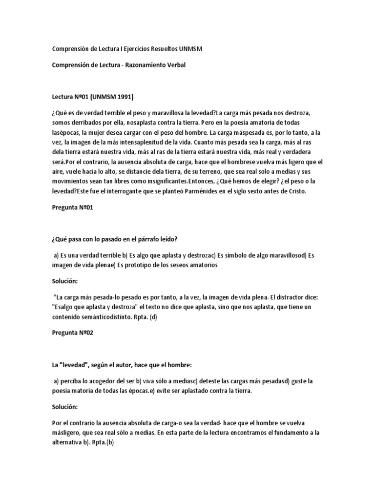 Comprensión de Lectura I Ejercicios Resueltos UNMSM | PDF | Don Quijote ...