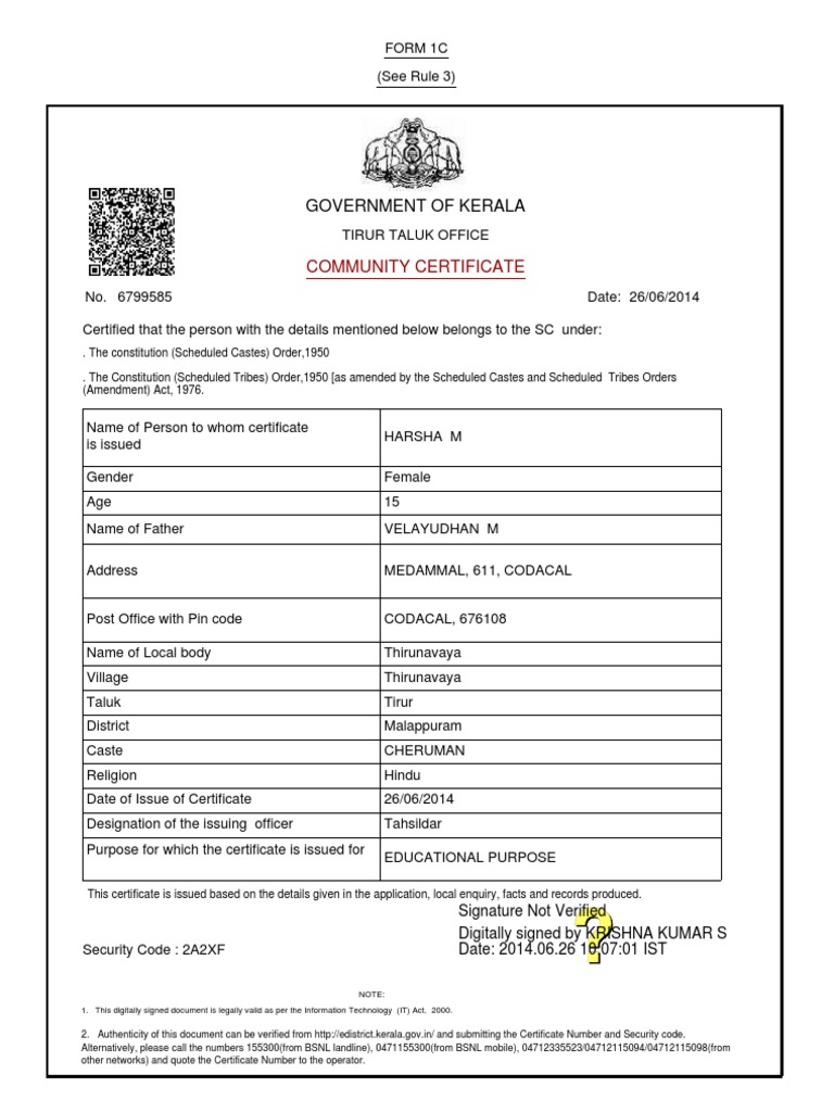 Government of Kerala: Community Certificate | PDF