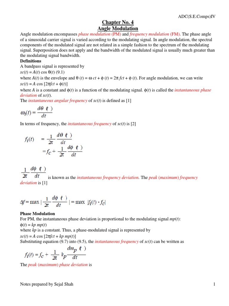 Chapter No. 4 Angle Modulation: (PM) (FM) | PDF | Frequency Modulation | Computer Engineering