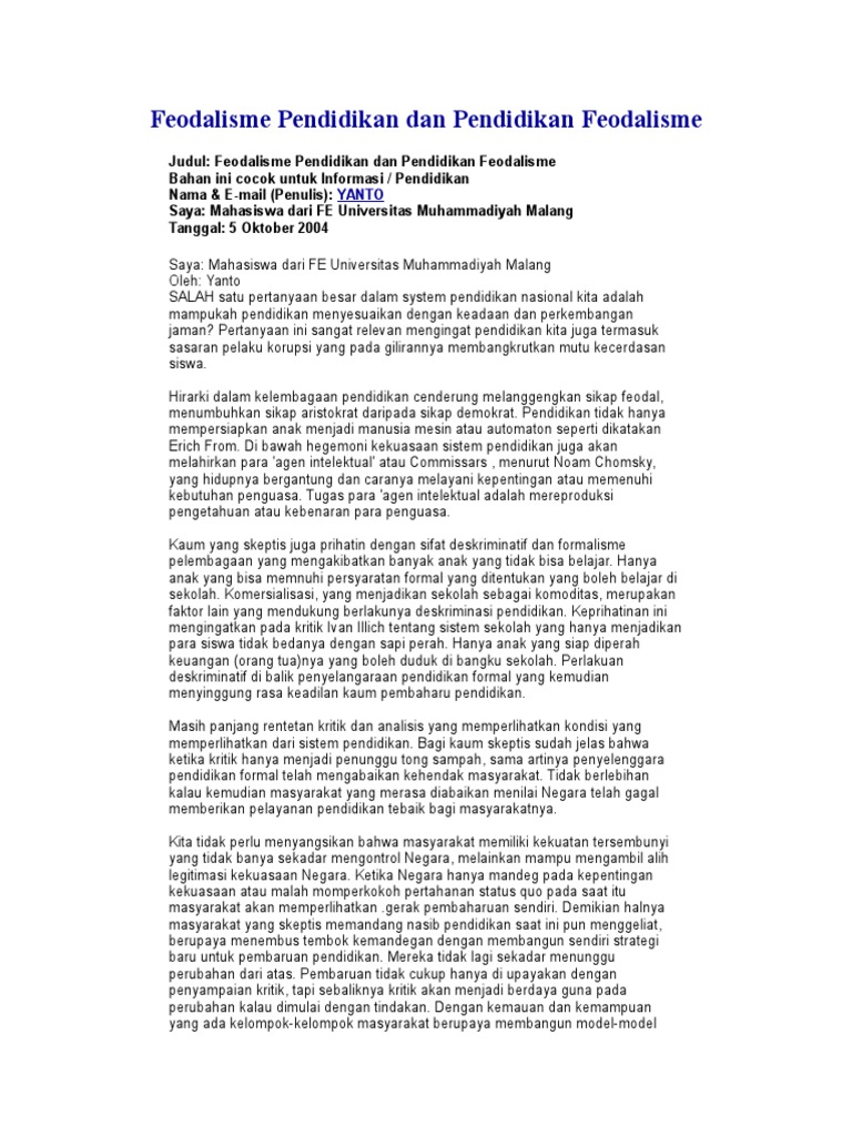 Feodalisme Pendidikan Dan Pendidikan Feodalisme | PDF