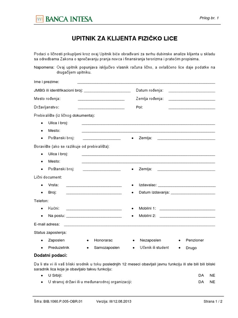 Prilog 1 KYC Upitnik Fizicko Lice | PDF